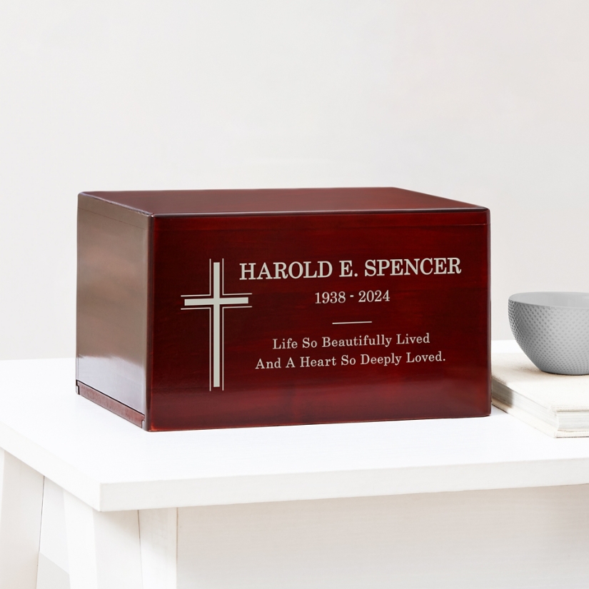 Memorial Cross Engraved Wooden Urn | Legacy Lane