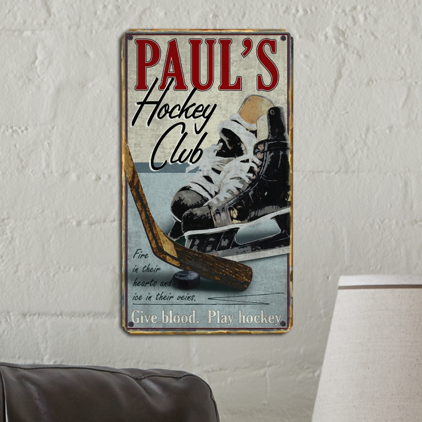 Slap Shot Hockey Personalized Vintage Metal Sign at Gifts.com