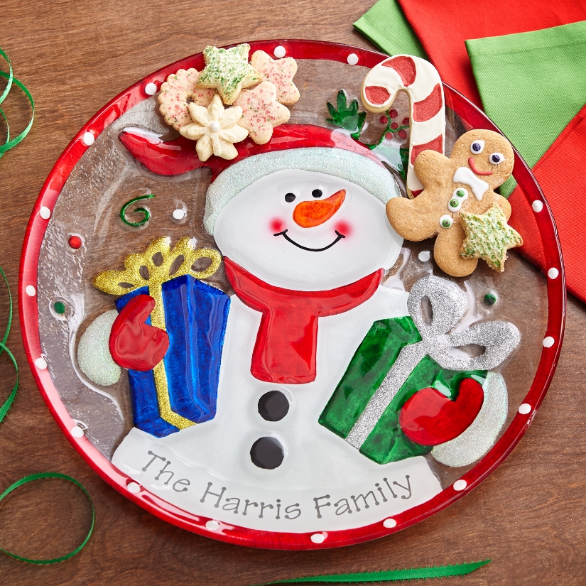 Playful Snowman Personalized Glass Serving Platter at Gifts.com