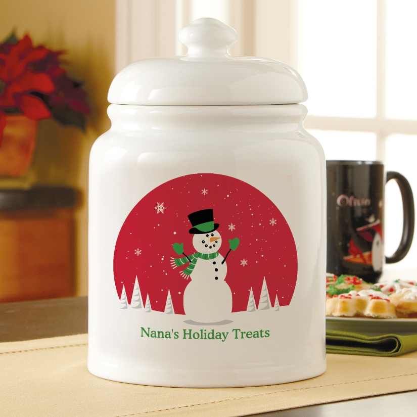Festive Cheer Snowman Personalized Cookie Jar at Gifts.com