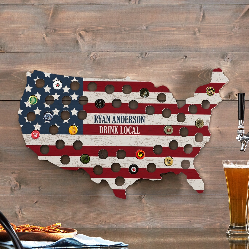 Patriotic Personalized Bottle Cap Wall Display at Gifts.com