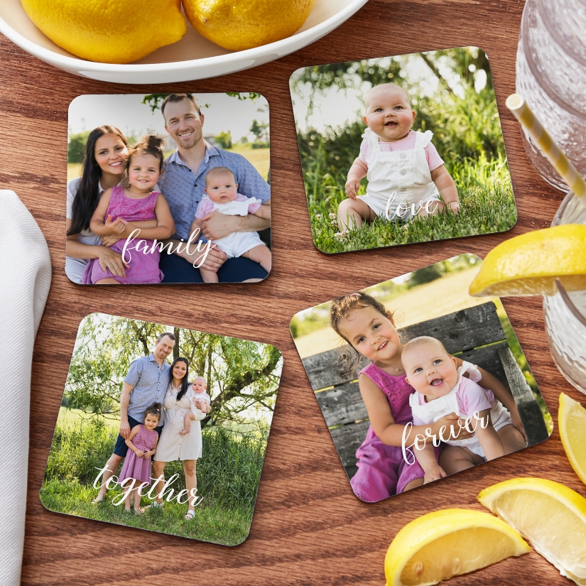Elegant Script Photo Personalized Wooden Coasters at Gifts.com