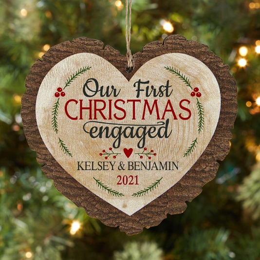 First Christmas Engaged Rustic Wood Heart Ornament | Personal Creations