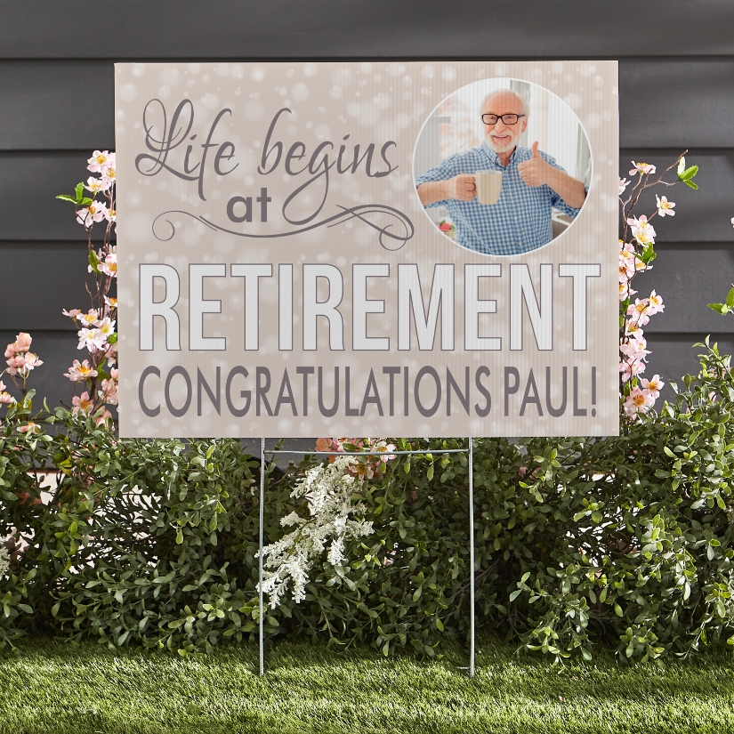 New Beginnings Personalized Retirement Photo Yard Sign at Gifts.com