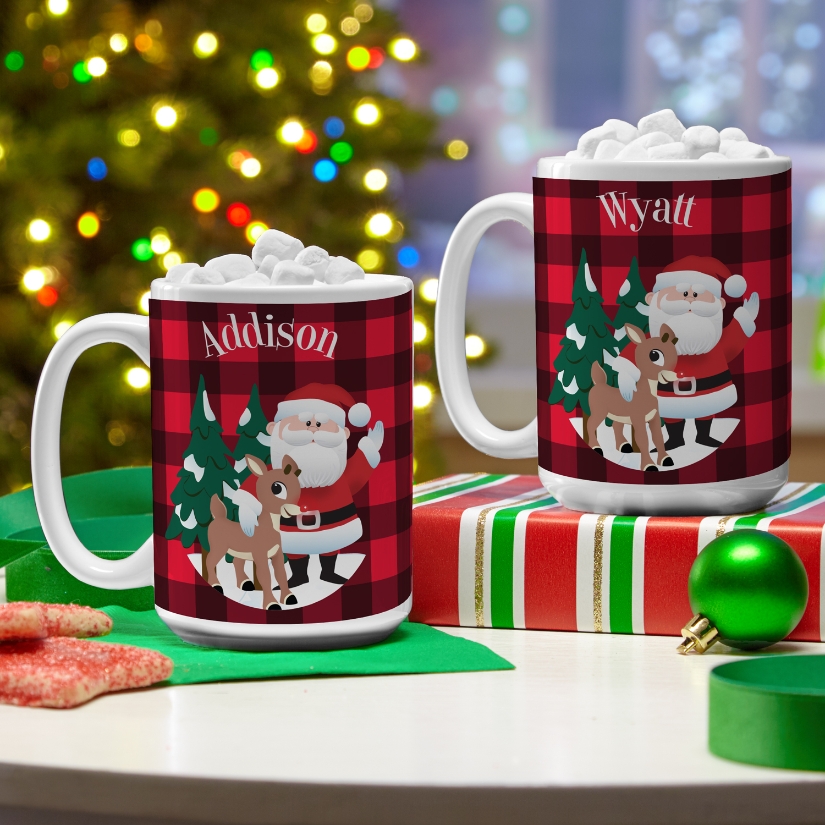 Rudolph® & Santa Holiday Plaid Mug at Gifts.com