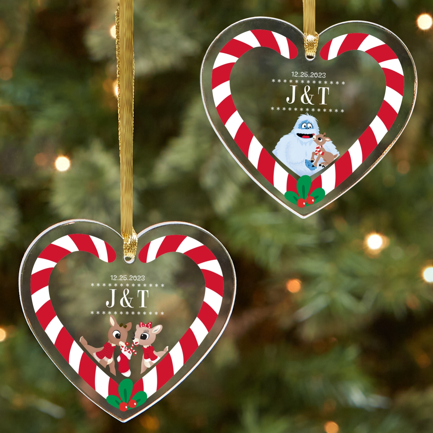 Rudolph® Candy Cane Acrylic Heart Ornament | Personal Creations