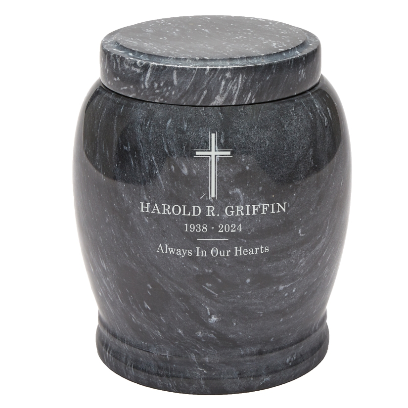 Memorial Cross Engraved Marble Urn - Block Font at Gifts.com