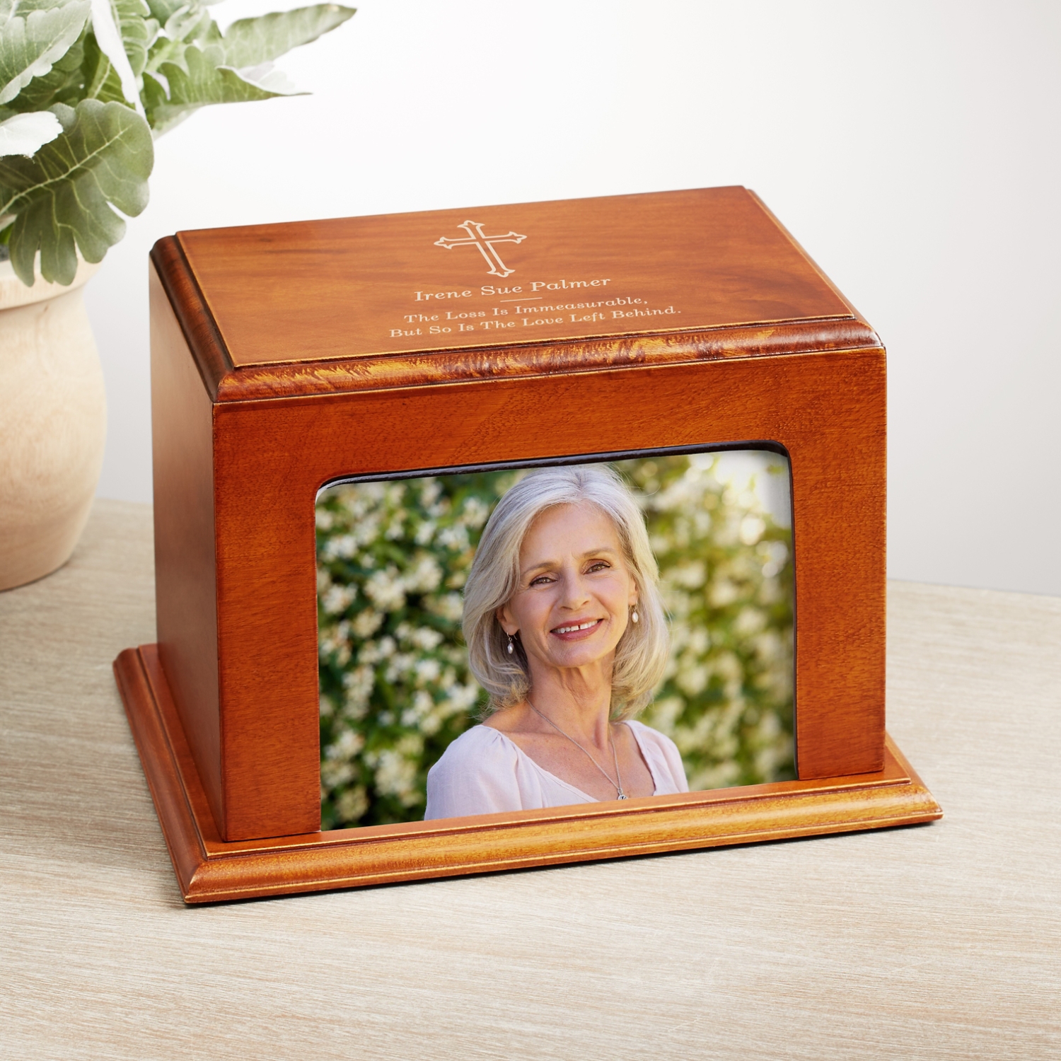Cross Memorial Wood Frame Cremation Urn at Gifts.com