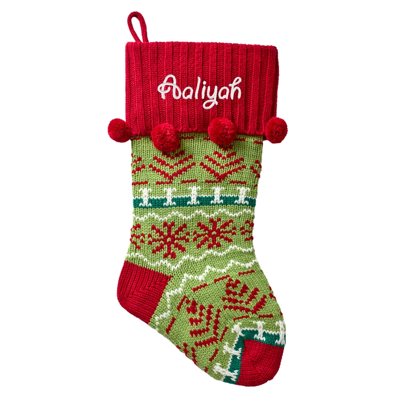 Knit Snowflake Green Stocking - Red Cuff - Rope at Gifts.com
