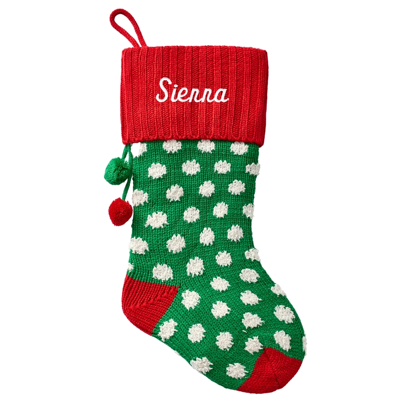 Whimsical Knit Stocking - Green Polka Dot - Script at Gifts.com