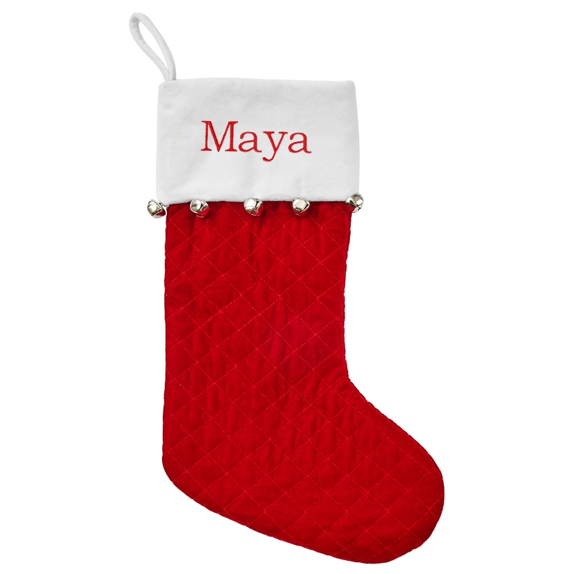 Jingle Bells Quilted Velvet Stocking- Red - Block at Gifts.com