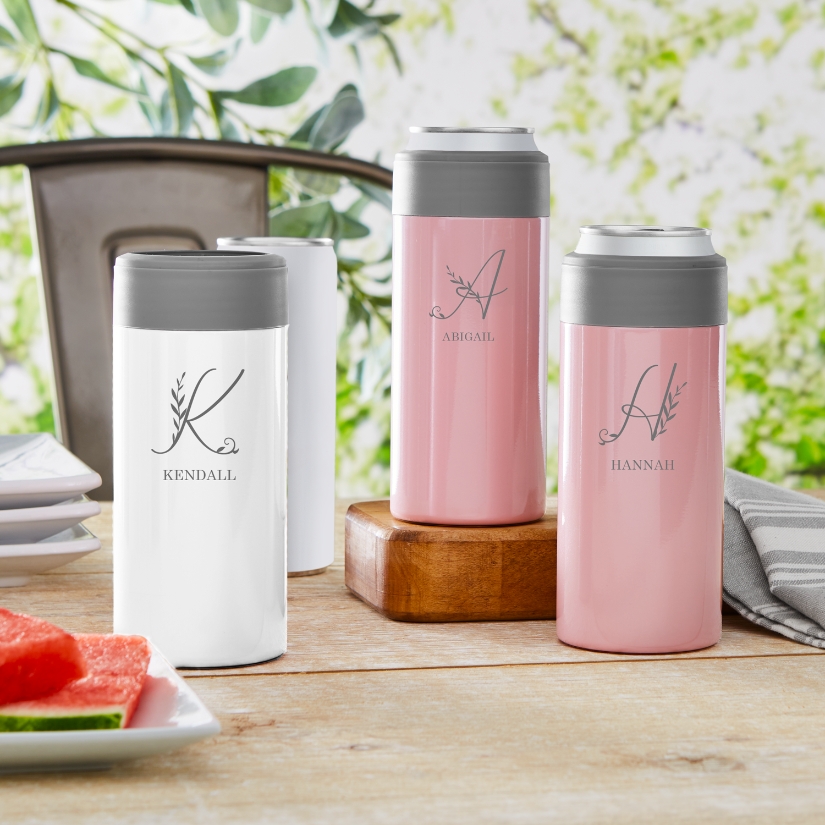 Floral Monogram Personalized Stainless Steel Koozie Set at Gifts.com